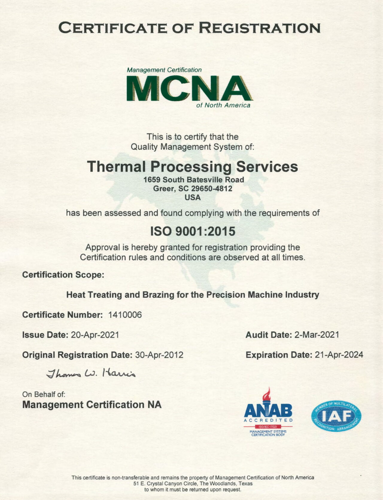 ISO Certification | Thermal Processing Services