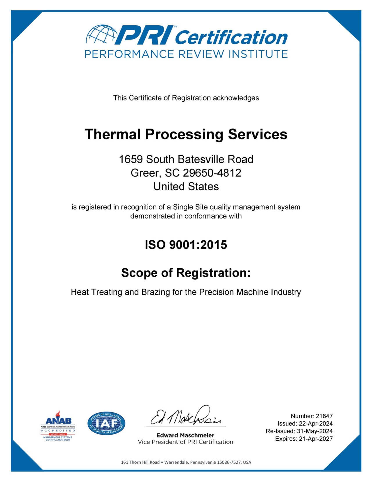 ISO Certification | Thermal Processing Services
